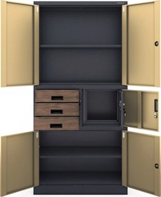 Kovová kancelářská skříň se sejfem antracitová, ořech, 900x1850x400 mm: FILIP II Eco Design