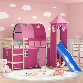 Dětská patrová postel s věží růžová 80 x 200 cm masiv borovice,  3207092