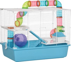 PawHut Klec pro Křečky a Hlodavce 3 Úrovně s Tunelovým Systémem, Lahvičkou na Vodu, Kolotočem, Domkem a Žebříky - rozměry 59L x 36W x 47H cm