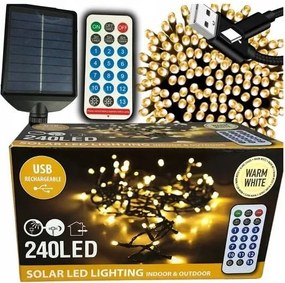 Vánoční osvětlení na stromeček 2v1 Solární Akumulátor 240 Led teplé 13 programů 11 m