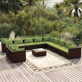 vidaXL 12dílná zahradní sedací souprava s poduškami polyratan [3102541] Barva: Hnědá a zelená