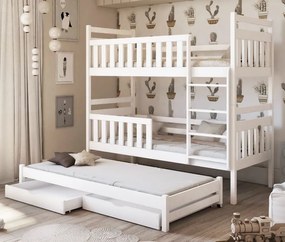 Dětská patrová postel z masivu borovice KLÁRA s přistýlkou a šuplíky - 200x90 cm - BÍLÁ