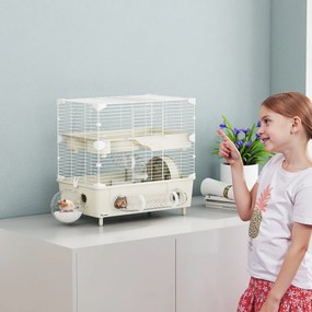 Kotec pro křečky PawHut se 2 patry a 3 dveřmi s kolem, podestýlkou a hracími trubicemi, ocel, PS a PP, 44,5x28x44 cm, krémový a bílý