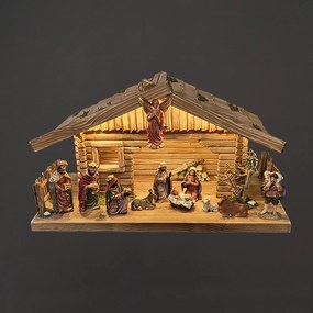 AMADEA Dřevěný betlém osvětlený s figurkami 42 cm, český výrobek
