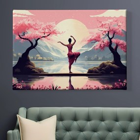 Obraz na plátně - BALANC, žena stojící mezi sakurami, Japonsko FeelHappy.cz Velikost obrazu: 150 x 100 cm