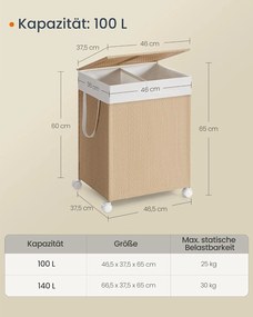Koš na prádlo s 2 přihrádkami, 100 litrů, s víkem, přírodní béžový a matně bílý