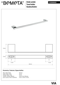 Bemeta Design VIA: Držák ručníků, 565 mm -