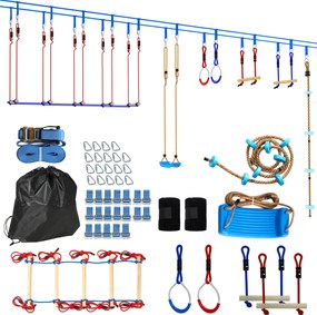 Ninja Line dětská 24m slackline sada s gymnastickými kruhy 7 překážek šplhací tyč balanční most pro 3-6 let červená+modrá