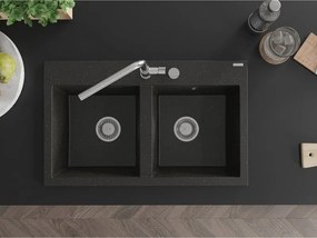 Mexen Hektor, 2-komorový granitový dřez 800x480x205 mm, černá-zlatá metalíza, chromový sifon, 6521802000-75