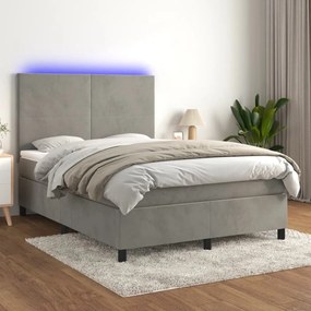 Box spring postel s matrací a LED světle šedá 140x200 cm samet,  3136005