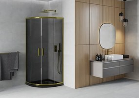 Mexen Rio, čtvrtkruhový sprchový kout s posuvnými dveřmi 80 (dveře) x 80 (dveře) x 190 cm, 5mm šedé sklo, zlatý profil + černá sprchová vanička SLIM, 863-080-080-50-40-4170G
