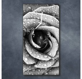 Nástěnné hodiny obrazové na skle - Černobílá růže