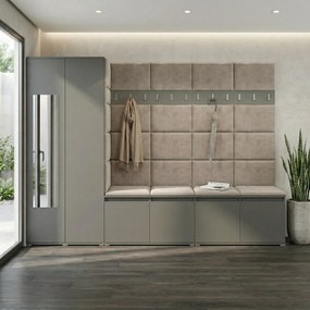 Předsíňová stěna Trinity 9 s čalouněnými panely, 290 cm, grafit/ světle béžová