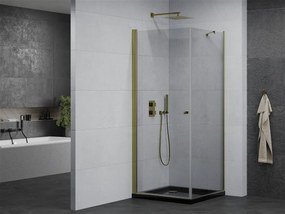 Mexen Pretoria, sprchový kout 80 (dveře) x 80 (stěna) cm, 6mm čiré sklo, zlatý profil + černá sprchová vanička, 852-080-080-50-00-4070G