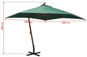 vidaXL Marketos Závěsný slunečník 300 x 300 cm dřevěná tyč zelený
