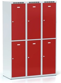 Šatní skříňka S6 s úložnými boxy, 6 boxů, 1800 x 1200 x 500 mm, otočný zámek, červené dveře