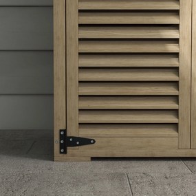 Zahradní skladovací bouda Outsunny s 2 policemi, přírodní dřevo, střecha z modifikovaného bitumenu, větrané dveře, uzamykatelné, 75 x 50 x 118 cm