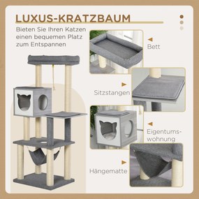 Víceúrovňové škrabadlo PawHut XXL 155H cm s houpací sítí a měkkým polštářem, stabilní v šedé a bílé barvě pro kočky | Aosom.de