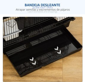 Ptačí klec PawHut s více dveřmi, 4 krmítky, 3 bidly, houpacím zařízením a odnímatelným tácem pro papoušky, kanárky a andulky 46x36x100 cm Černá