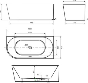 Aqualine Aqualine, TIBERA R rohová stojící vana 150x75cm, bílá, E1037
