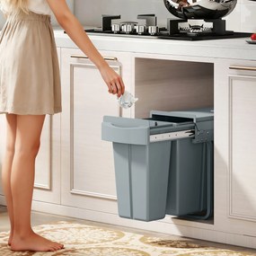 HOMCOM Vysunovací odpadkový koš, kuchyňský koš s 2 vyjímatelnými nádobami, rukojeť, 30 litrů (20 L + 10 L), kov, šedá