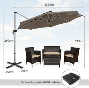 Costway Slunečník Ø 330 cm s klikou a UPF 50+ a 360° otočný, hnědý