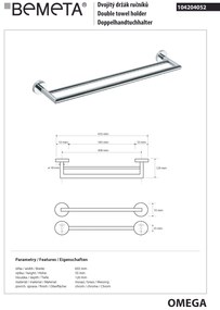 Bemeta Design OMEGA: Držák ručníků, 600 mm, dvojitý -