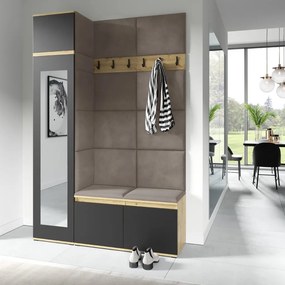 Eka Předsíňová stěna s čalouněnými panely Trinity 22 - Dub Artisan s černou / Tmavá béžová 2305