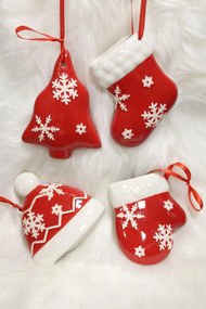 Červená vánoční ozdoba ponožka s vločkami 11cm