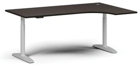Výškově nastavitelný stůl OBOL, elektrický, 675-1325 mm, rohový pravý, deska 1800x1200 mm, bílá zaoblená podnož, wenge