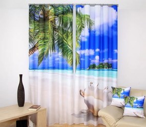 Závěsy modré barvy na okno s motivem exotické pláže s palmou Šířka: 160 cm | Délka: 250 cm (v sadě jsou 2 kusy)