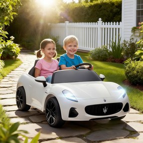 AIYAPLAY Dětské elektroauto Maserati, dvoumístné, 12V napájení z baterie, dálkové ovládání, LED světla, hudební funkce, bílé