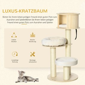 PawHut škrabadlo pro kočky s jeskyní 122 cm vysoké, tři úrovně, dřevo, sisalové sloupky, míčky na hraní pro aktivní kočky | Aosom.de