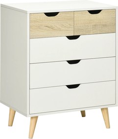 HOMCOM Komoda s 5 zásuvkami a zvýšenými nohami pro ložnici, obývací pokoj i kancelář, moderní styl, proti převrhnutí, 60x40x77,5 cm, přírodní a bílá