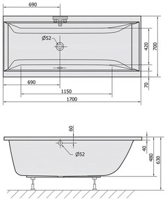 Polysan CLEO obdélníková vana 170x70x48 cm, bílá, 74611