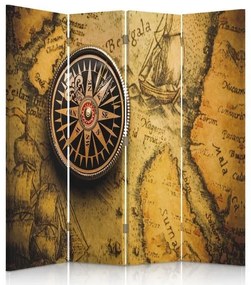 Ozdobný paraván, Kompas na staré mapě - 145x170 cm, čtyřdílný, klasický paraván