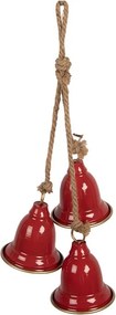 Vánoční dekorace 3 červené kovové zvonky na provazu - 17*23*52 cm