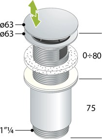 Omp Tea Umyvadlová výpust 5/4“, click-clack, velká zátka, max 80mm, zlato mat 7533.370.5.36