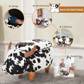 HOMCOM Zvířecí taburet Dekorativní taburet s úložným prostorem 62x35x36cm Čalouněný taburet v designu prasátka černobílý do obývacího a dětského poko…