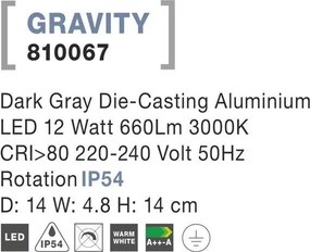 NV 810067 Venkovní nástěnné svítidlo GRAVITY tmavě šedý hliník akrylový difuzor LED 12W 3000K 220-240V rotační IP54 - NOVA LUCE
