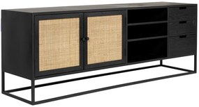 OnaDnes -20% White Label Černý lakovaný TV stolek s ratanovou výplní WLL GUUJI 150 x 38 cm