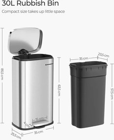 Kuchyňský pedálový odpadkový koš s plastovým vnitřním kbelíkem 30 l