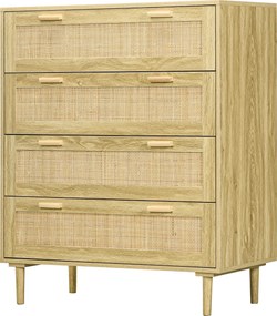 HOMCOM Komoda s 4 zásuvkami v boho stylu s ratanovým předním panelem, světle dřevěná, 90Š x 45H x 108,5V cm