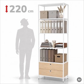 Regál se zásuvkami do kanceláře, na šanony a dokumenty, otevřené police, kovový, bílý/dub sonoma, 800x2200x400 mm: ARIEL Eco Design