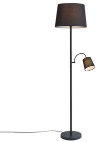 Klasická stojací lampa černá s černým stínítkem a lampičkou na čtení - Retro
