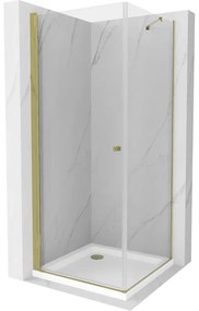 Mexen Pretoria sprchový kout s otočnými dveřmi 90 x 90 cm, Průhledné, Zlatá + sprchová vanička Flat - 852-090-090-50-00-4010