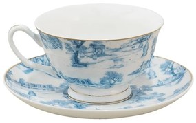 Bílo-modrý porcelánový šálek s podšálkem ok – 10x6 /  15x2 cm