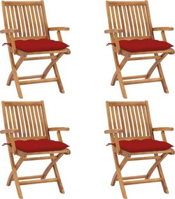 vidaXL Skládací zahradní židle s poduškami 4 ks masivní teak [3072738] Barva: Červená