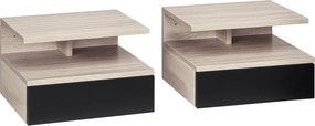 HOMCOM Sada 2 Floating Nočních Stolků Závěsných Nočních Stolků s 1 Šuplíkem a Otevřenou Policí do Ložnice 35x32x22,5 cm Dub a Černá | Aosom