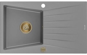 Mexen Cesar, granitový dřez 775x470x190 mm, 1-komorový, šedá se zlatým sifonem, 6514771010-71-G